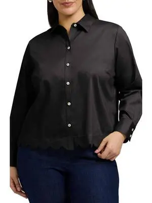 Foxcroft Scarlett Scallop Hem Button-up Shirt - Black