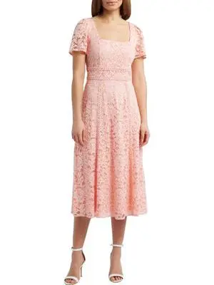 Anne Klein Square Neck Puff Sleeve Midi Dress - Blossom