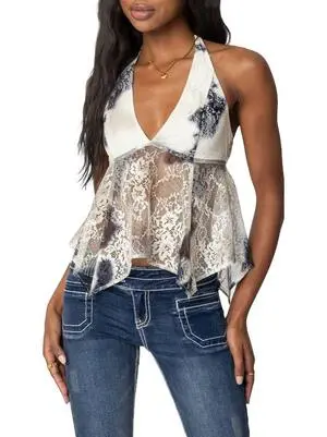 EDIKTED Asymmetric Lace Halter Top - White Mix