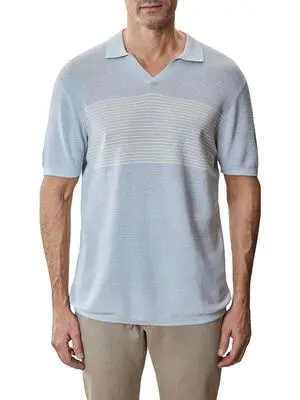Robert Barakett Orion Stripe Silk & Linen Johnny Collar Polo - Light Grey