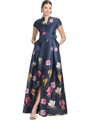 Sachin & Babi Marta Floral Mikado Gown - Dark Midnight Garden