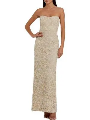 Mac Duggal Strapless Beaded Lace Gown - Beige