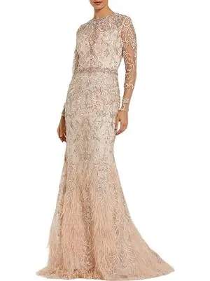 Mac Duggal Embroidered Illusion Long Sleeve Trumpet Gown - Blush