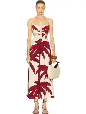 Johanna Ortiz Cory Reefs Ankle Dress - Salty Palms  Ecru  & Red