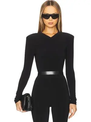 Norma Kamali Long Sleeve Shoulder Pad V Neck Top - Black