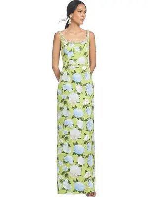 Sachin & Babi Floral Print Column Gown With Beaded Neckline And Belt - Natural