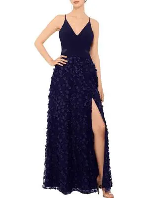 XSCAPE EVENINGS Xscape Evenings Floral Appliqué Gown Navy/ Navy