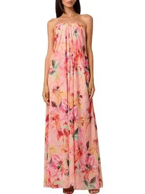LIV FOSTER Brooke Strapless Chiffon Gown - Coral Multi