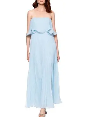 Betsy & Adam Betsy & Adam Pleated Strapless Chiffon Gown Aqua