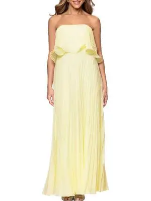 Betsy & Adam Betsy & Adam Pleated Strapless Chiffon Gown Butter