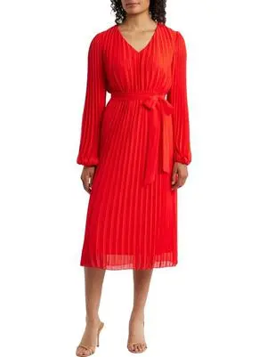 Sam Edelman Sam Edelman Long Sleeve Plissé Dress Coral