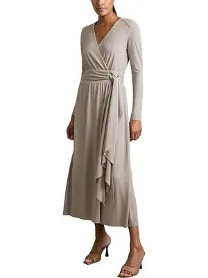 REISS Wrap Tie Jersey Midi Dress - Grey