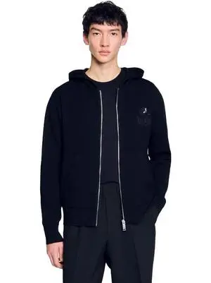 Sandro Zip-up Milano Knit Cardigan With Snake Patch - Black