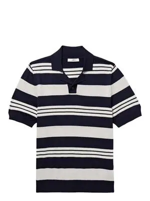 Mr P. Camp-collar Striped Merino Wool Polo Shirt - Blue