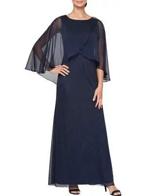 SL FASHIONS Tulip Capelet Shimmer Gown - Navy