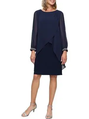 SL FASHIONS Cold Shoulder Capelet Cocktail Dress - Navy