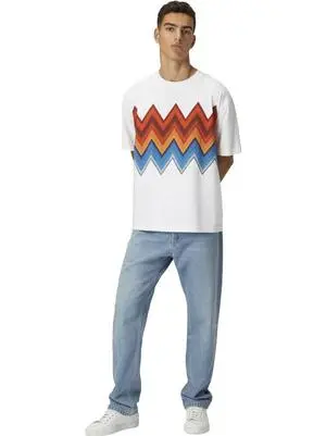 Missoni Cotton Crewneck T-shirt With Macro Zigzag Print - White  & Orange