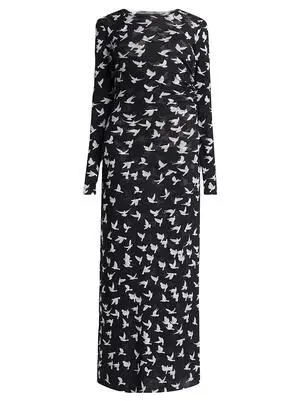 Stella McCartney Long Sleeve Bird Print Mesh Dress - Black