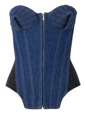 JEAN PAUL GAULTIER Mesh-trimmed Denim Bustier Top