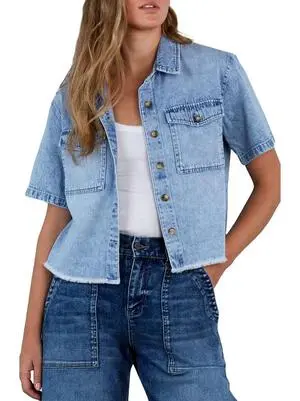 HINT OF BLU Emily Frayed Short Sleeve Denim Shirt - Morning Blue