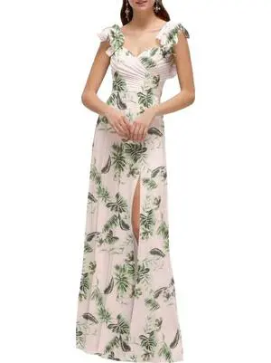 After Six After Six Ruffle Strap Chiffon Gown Palm Beach Print