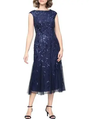 Alex Evenings Sequin Leaf Embroidered Midi Dress - Navy