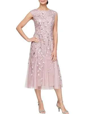 Alex Evenings Sequin Leaf Embroidered Midi Dress - Rose