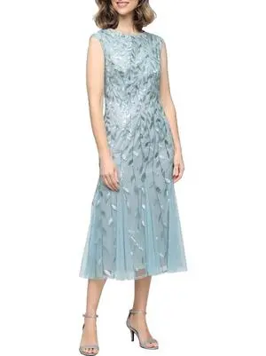 Alex Evenings Sequin Leaf Embroidered Midi Dress - Ice Sage