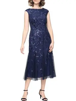 Alex Evenings Sequin Leaf Embroidered Midi Dress - Navy