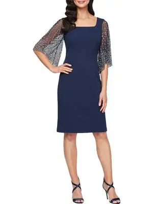 Alex Evenings Crystal Sleeve Detail Cocktail Sheath Dress - Navy