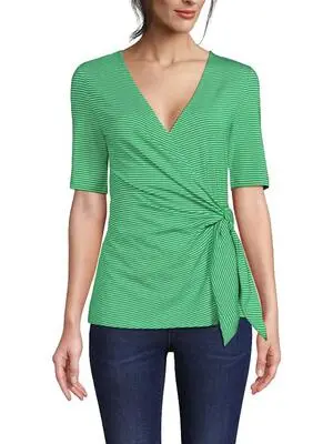 LANDS' END Lands' End Elbow Sleeve Jersey Side Tie Blouse Clover/white Tiny Stripe