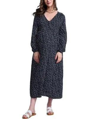 Motherhood Maternity Long Sleeve Button Front Maternity Midi Dress - Black Ditsy