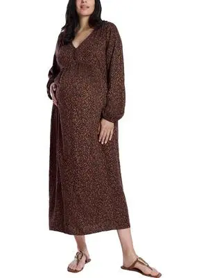 Motherhood Maternity Long Sleeve Button Front Maternity Midi Dress - Brown Animal
