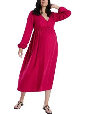 Motherhood Maternity Long Sleeve Button Front Maternity Midi Dress - Cerise
