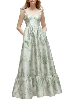 Dessy Collection Floral Satin-twill Gown - Sage Cottage Rose