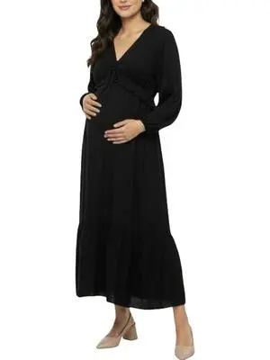 Motherhood Maternity Puff Sleeve Ruffle Midi Maternity Dress - Black