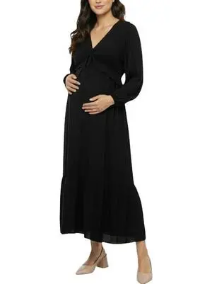 Motherhood Maternity Puff Sleeve Ruffle Midi Maternity Dress - Black