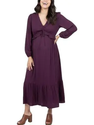 Motherhood Maternity Puff Sleeve Ruffle Midi Maternity Dress - Mauve Wine