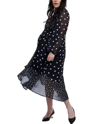 Motherhood Maternity Puff Sleeve Ruffle Midi Maternity Dress - Mixed Dot