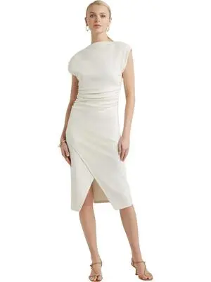 Nordstrom Ruched Funnel Neck Midi Dress - Ivory Tofu