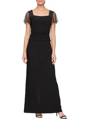 SL FASHIONS Beaded Sleeve Ruched Waist Gown - Black