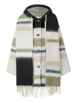 Loewe Hooded Striped Wool-blend Coat With Fringed Scarf Detail - White