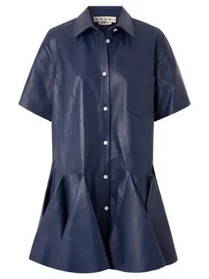 Marni Pleated Leather Mini Shirt Dress - Blue