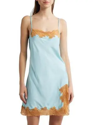OPEN EDIT Lace Trim Satin Chemise Blue Aqua