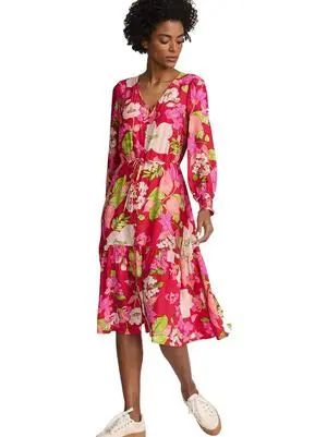 LANDS' END Crepe Button Front Long Sleeve Midi Dress - Berry Rouge Lilies