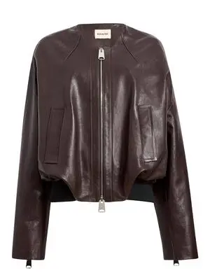 Khaite Hewit Leather Bomber Jacket Dark Brown