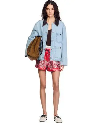 Sandro Denim Jacket With Leather Collar - Light Bu Jean