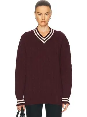 &daughter Slouchy Cricket V-neck Cable Sweater - Burgundy & Ecru