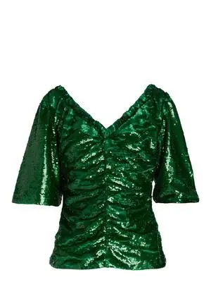 GANNI Ruched Sequin Top - Green