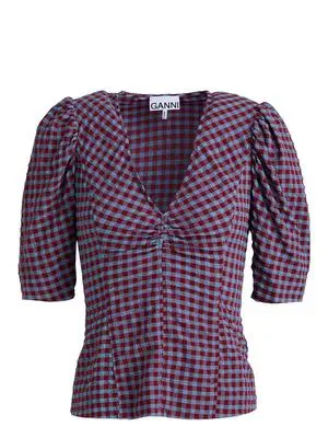 GANNI Gingham Seersucker Top - Burgundy